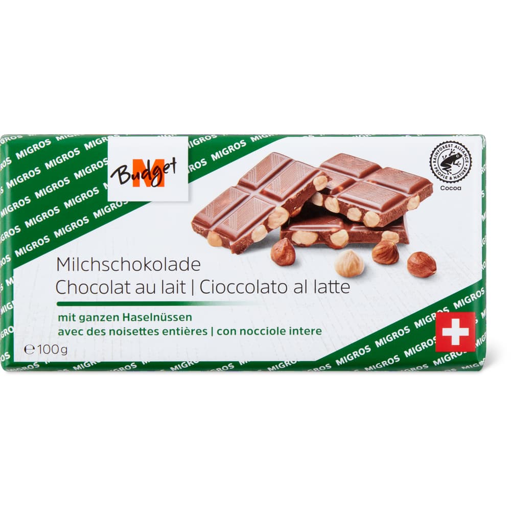 M-Budget · Chocolate bars · Milk chocolate with whole hazelnuts • Migros
