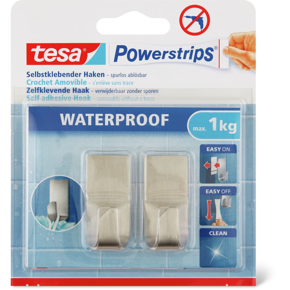 Tesa · Powerstrips Self-Adhesive Hooks, Waterproof · Max 1 kg, Chrome ...