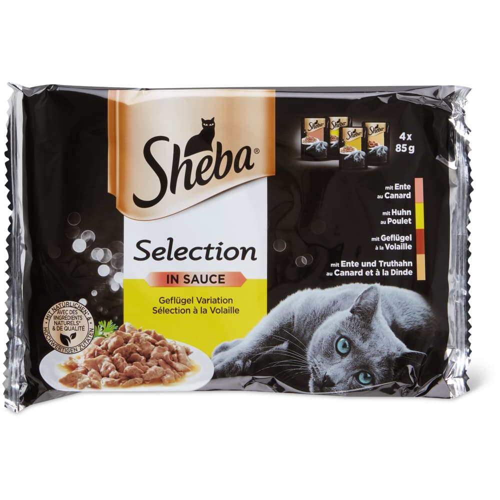 Sheba Selection in Sauce · affettati in salsa · Avec poulet, dinde, canard et volaille • Migros