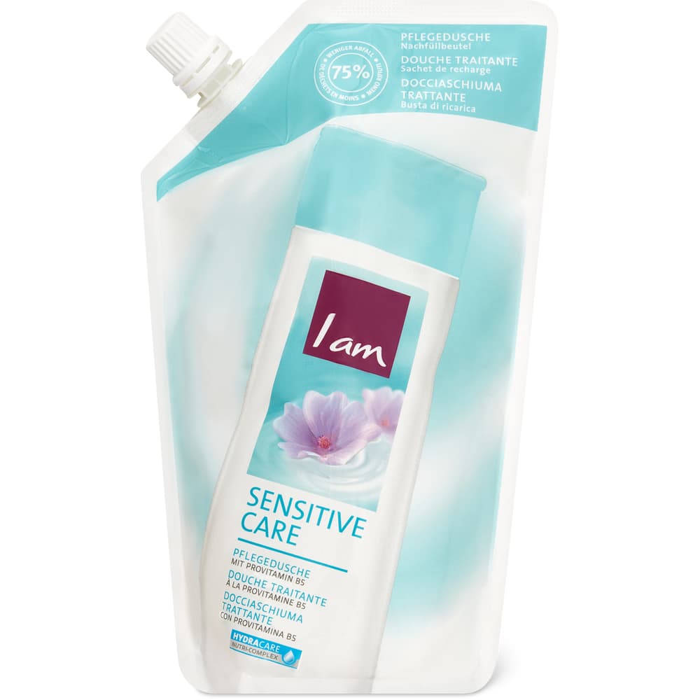 I am · Shower cream refill pouch · Sensitive Care • Migros