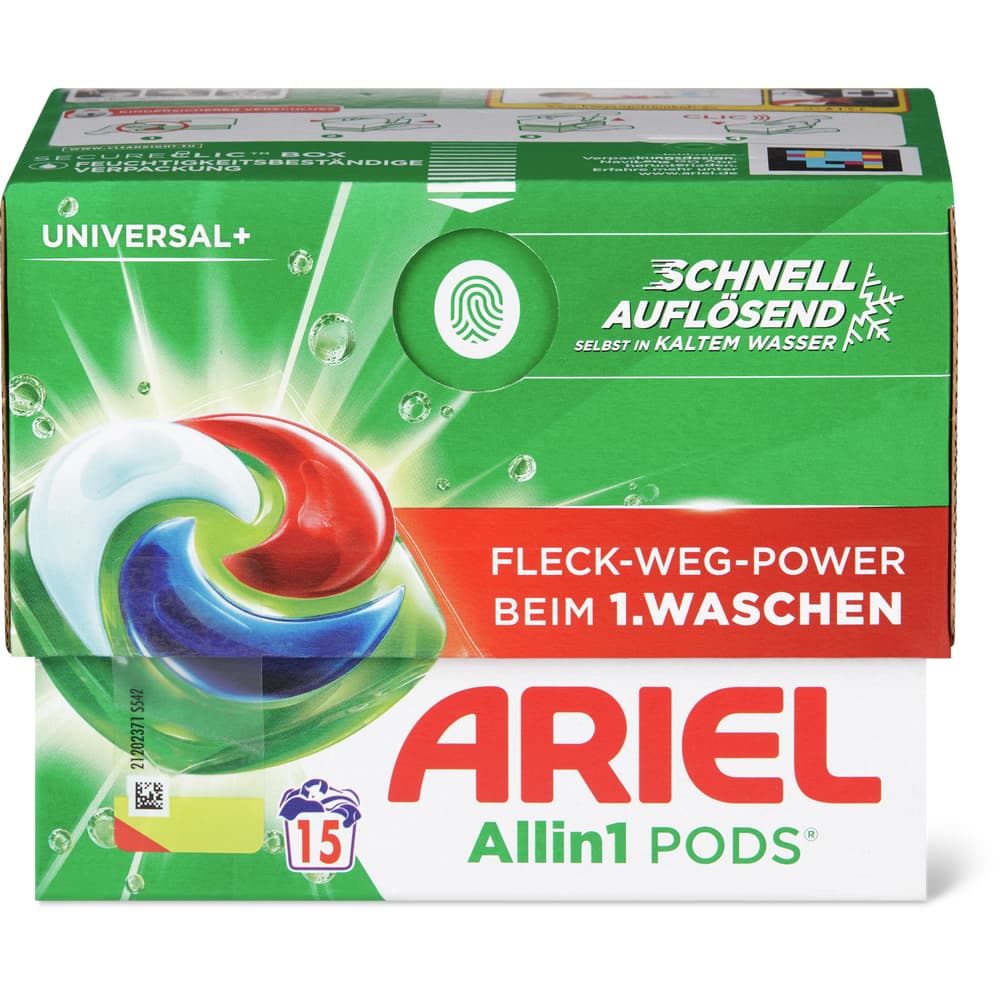 Ariel Universal + · Detergent pods · Universal, 15 washes • Migros Online