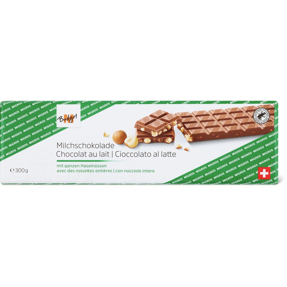 M-Budget · Milk Chocolate · With Hazelnut Flakes • Migros
