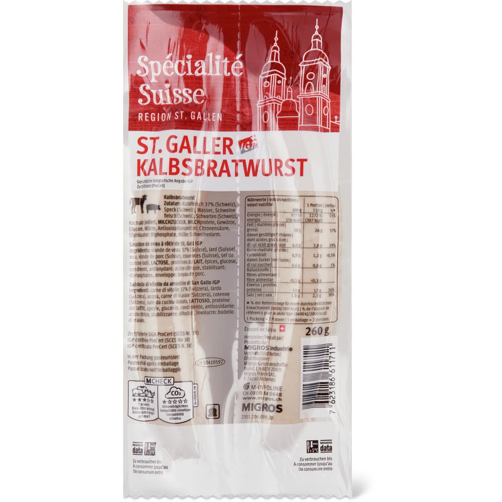Spécialité Suisse IGP · Saucisse à rôtir de veau de St-Gall • Migros