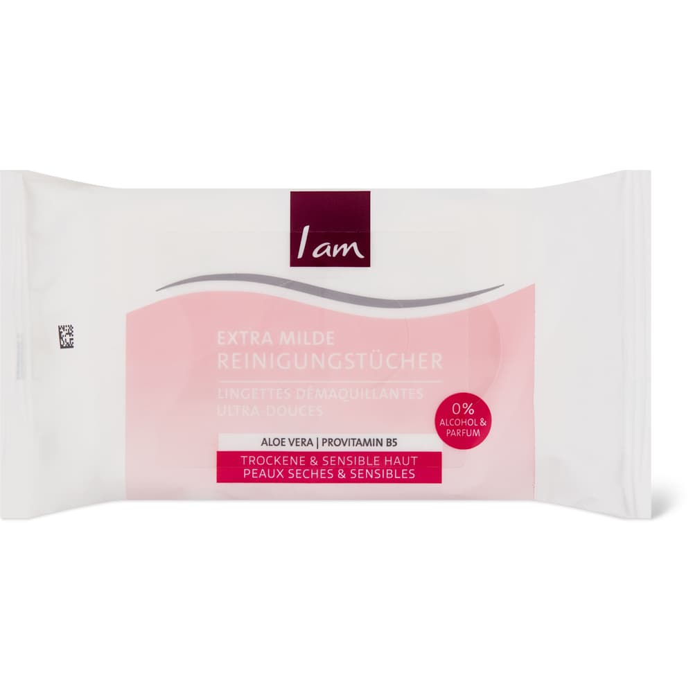I am · Extra mild cleaning wipes · Dry & sensitive skin • Migros