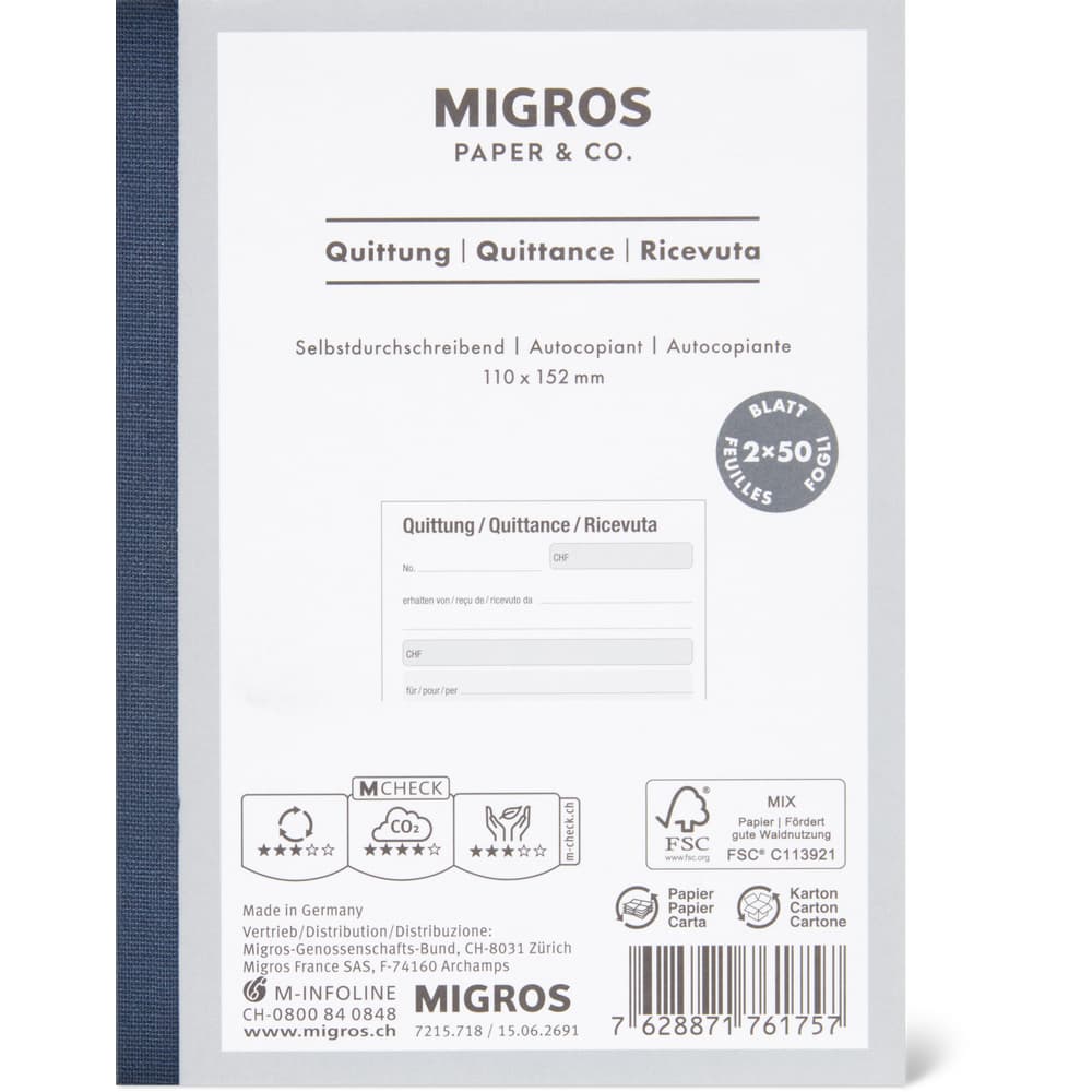 Migros Paper & Co. · Receipt Pad · A6, 2 x 250 Sheets • Migros