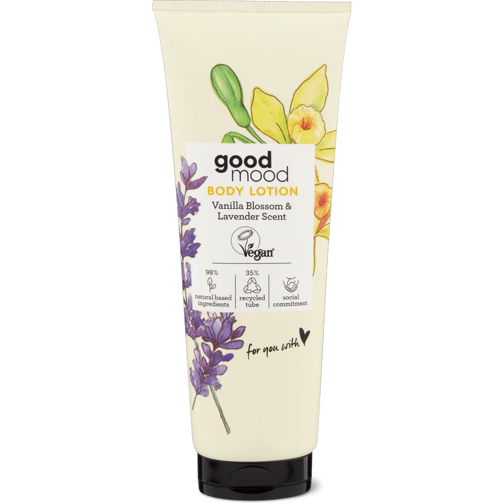good mood · Body lotion · Vanilla & Lavender • Migros
