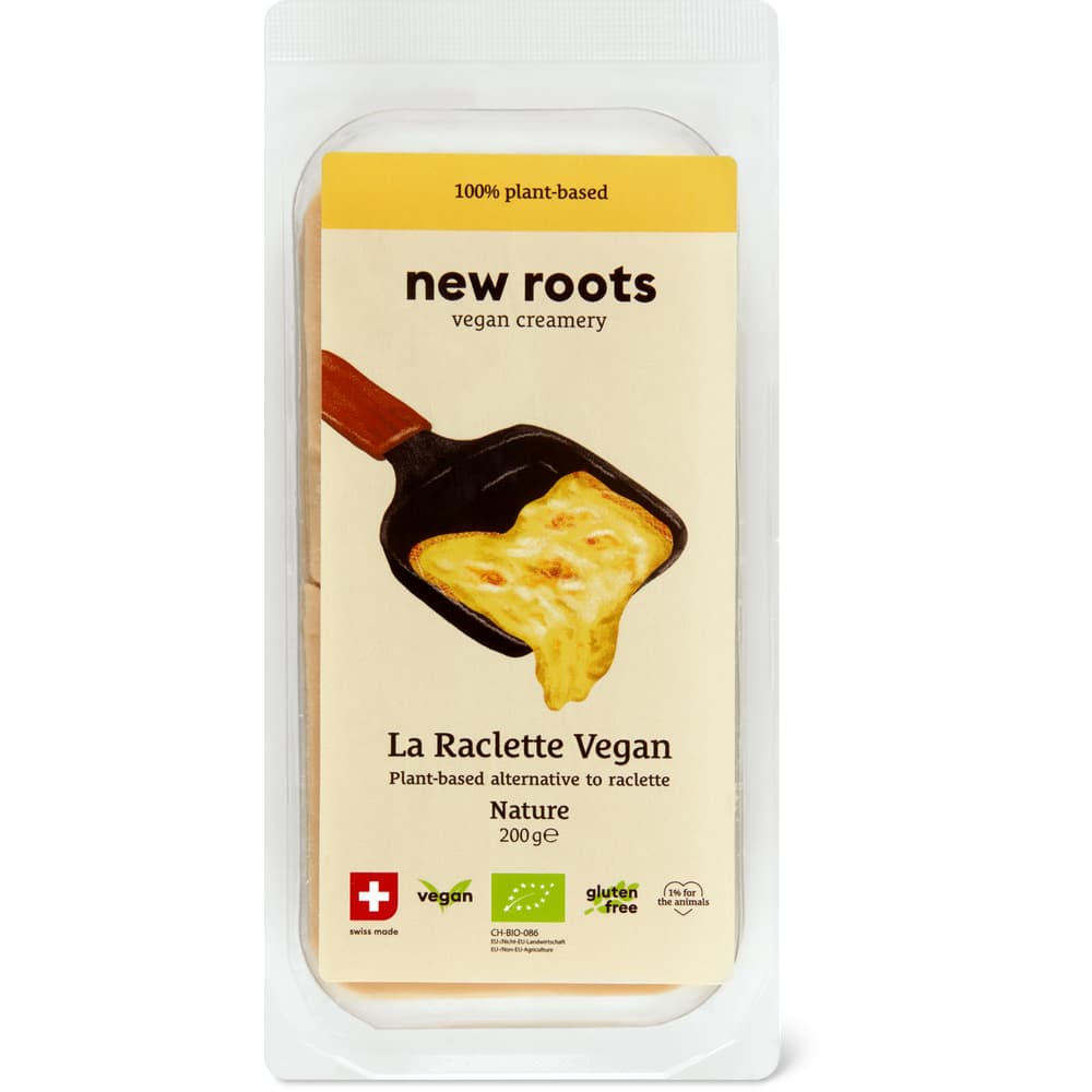 New roots · Pflanzliche Alternative zu Raclette · Nature - vegan • Migros