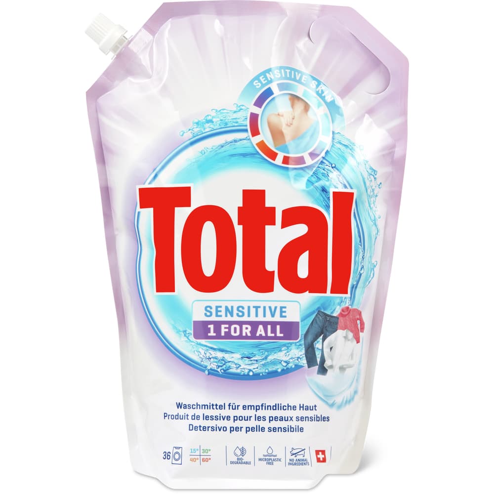 Total · Liquid laundry detergent · Sensitive 1 for all, 36 washes • Migros