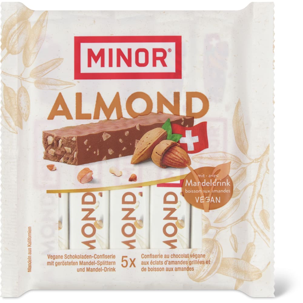 Minor · Chocolate bar · Almond, vegan • Migros