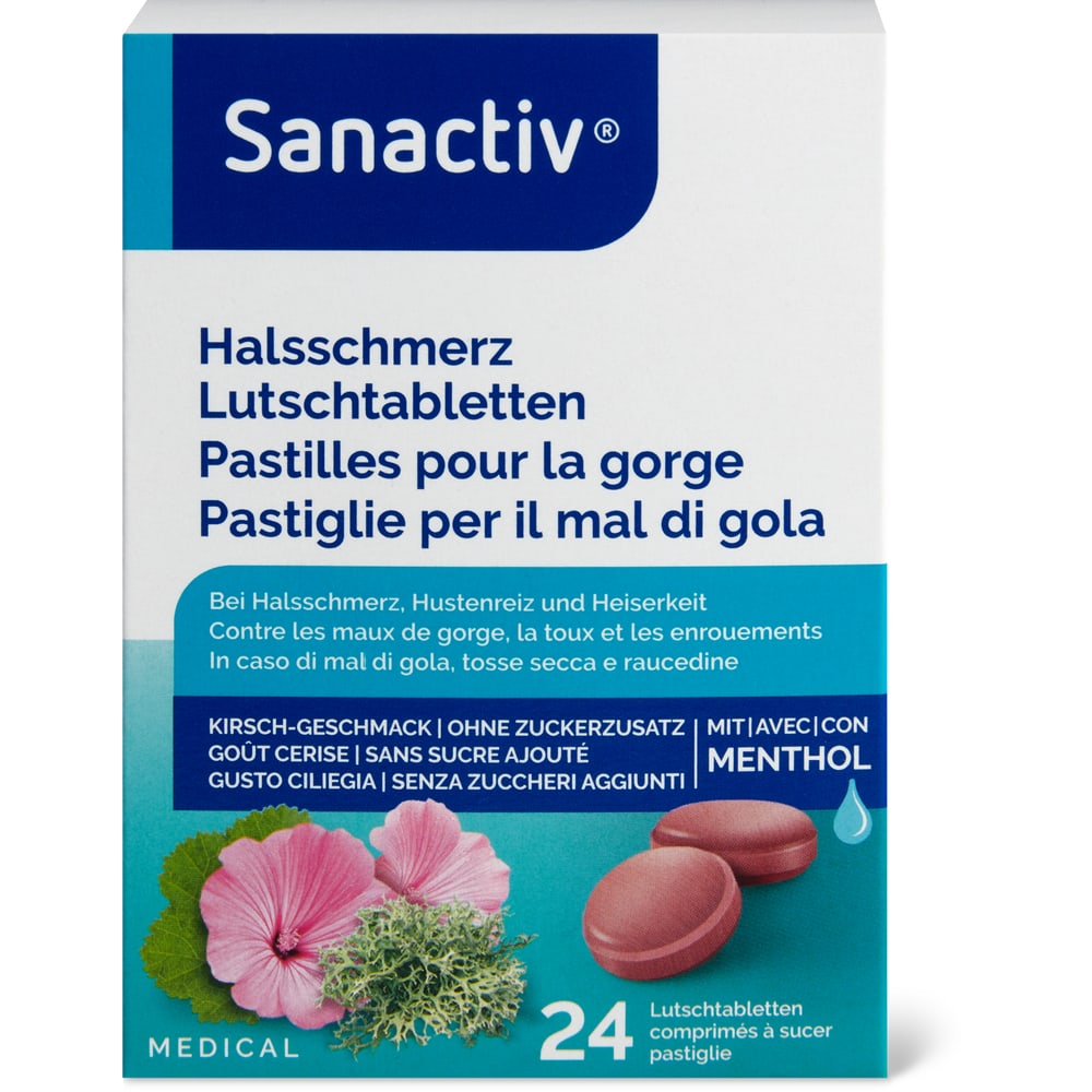 Sanactiv Medical · Sore throat tablets · Cherry • Migros