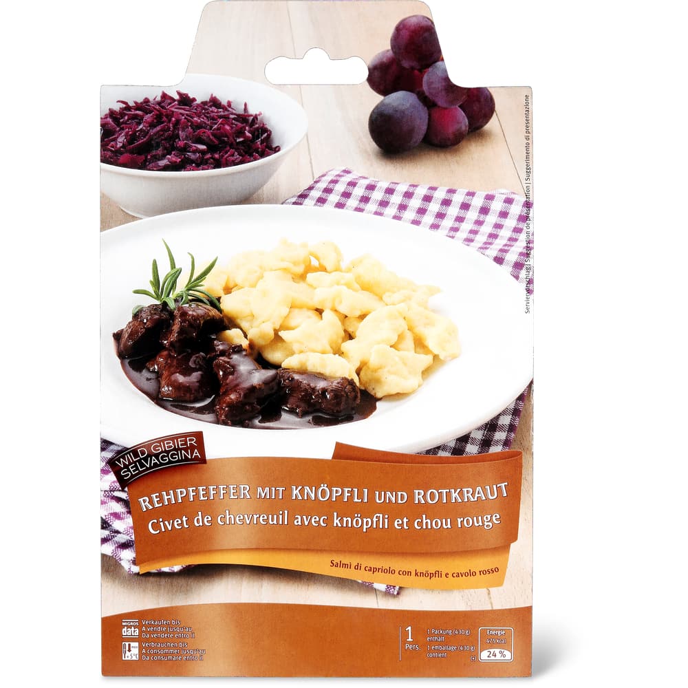 Wild / Gibier · Rehpfeffer mit Knöpfli und Rotkraut • Migros