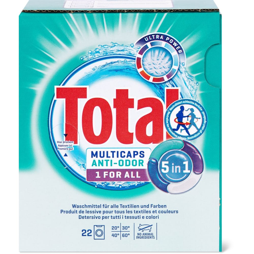 Total 1 for all anti-odor · Lessive en capsules · 22 lessives • Migros