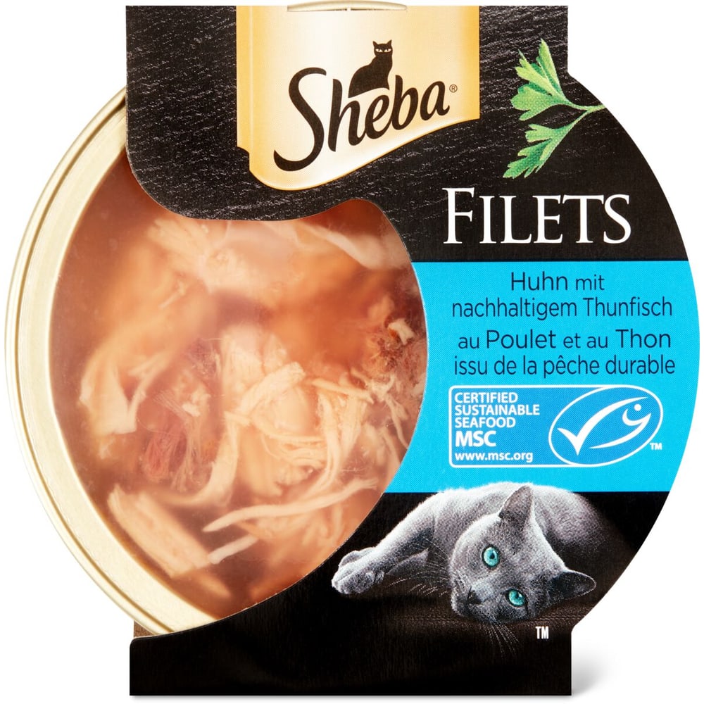 Sheba Filets · Bocconcini in gelatina · pollo e tonno • Migros