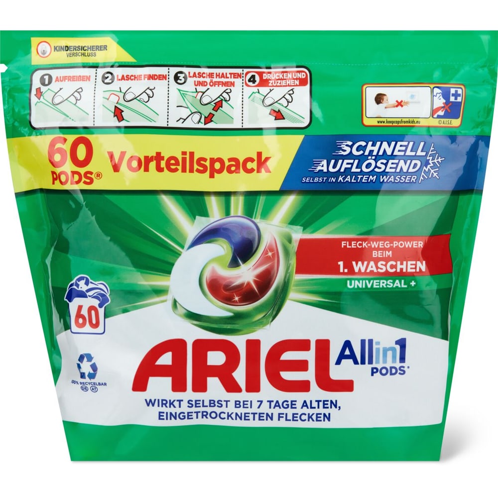 Ariel Universal + · Capsule detergent · 60 wash cycles • Migros Online