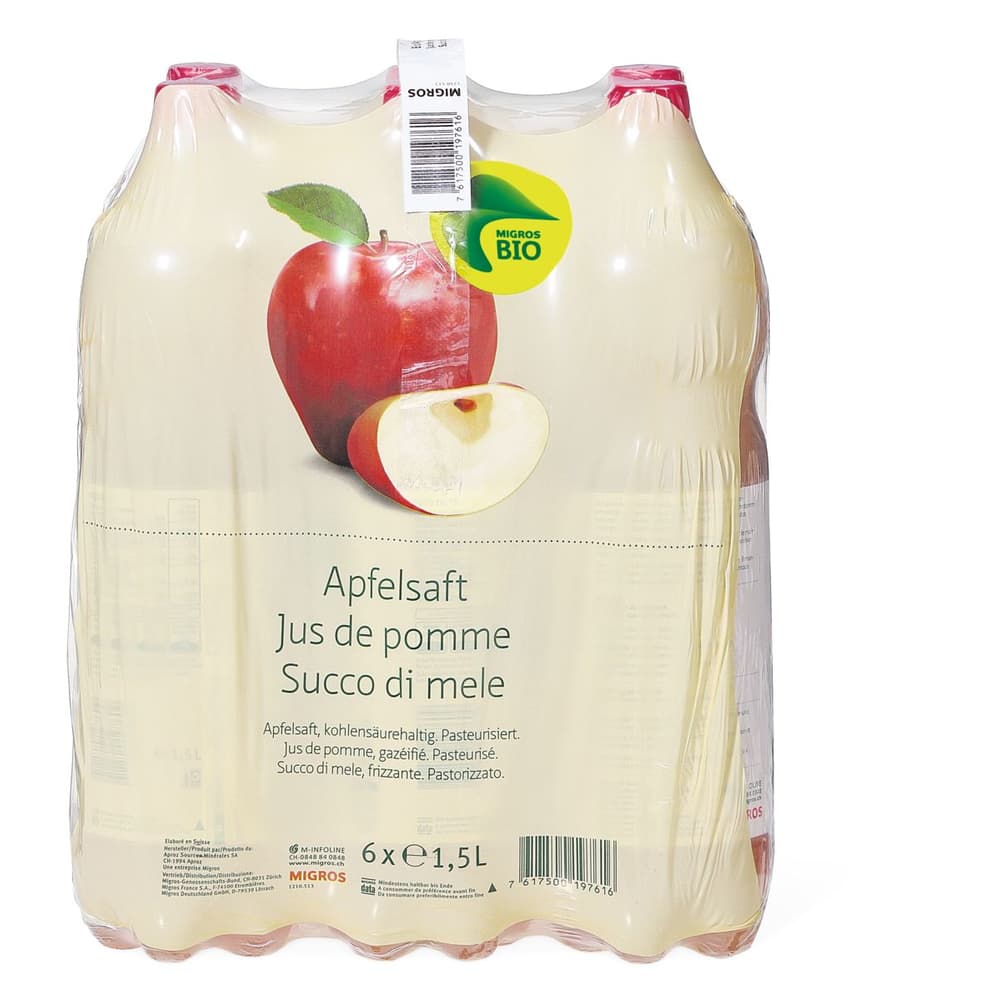 Achat Bio · Jus de pomme bio 6x1.5l · Contient du gaz carbonique • Migros
