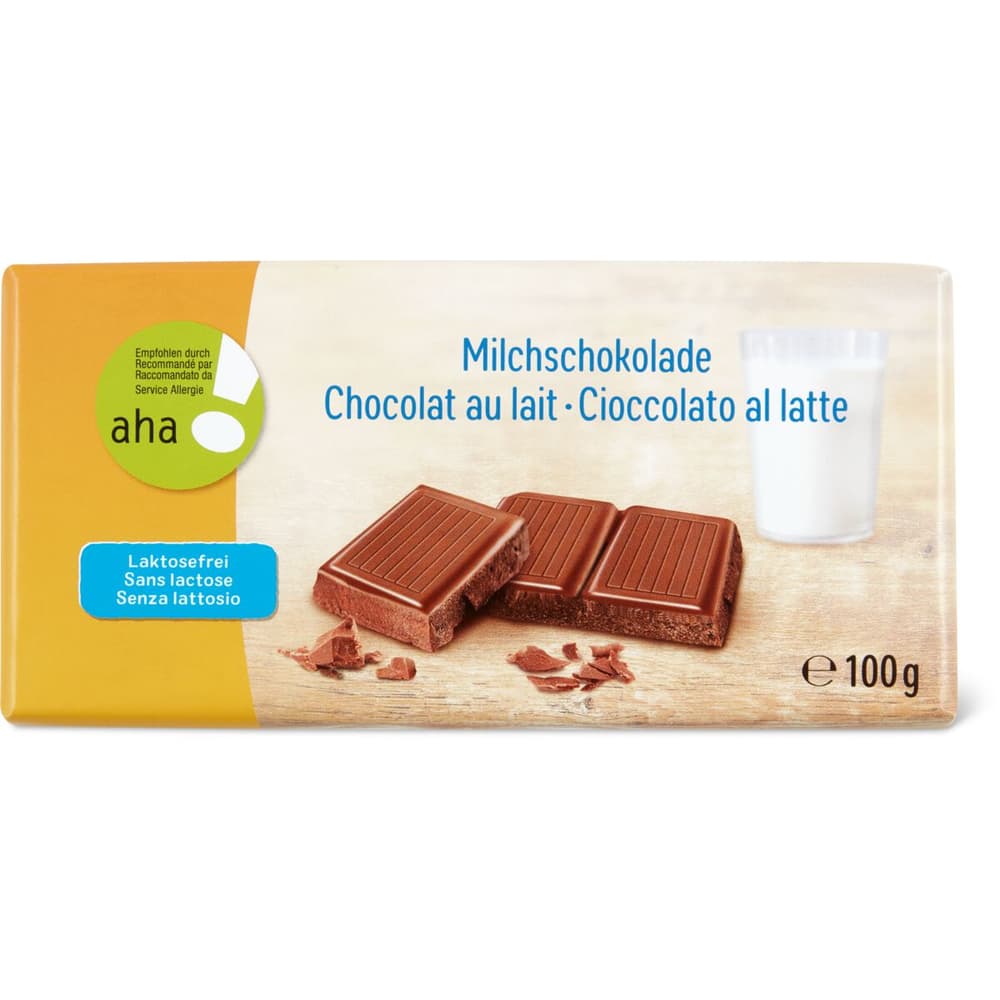 aha! · Chocolate bars · Milk chocolate without lactose • Migros