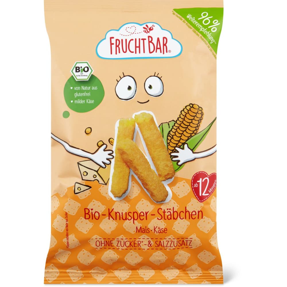 Fruchtbar Bio · Gepuffter Snack, Mais & Käse · Ab 12 Monaten • Migros