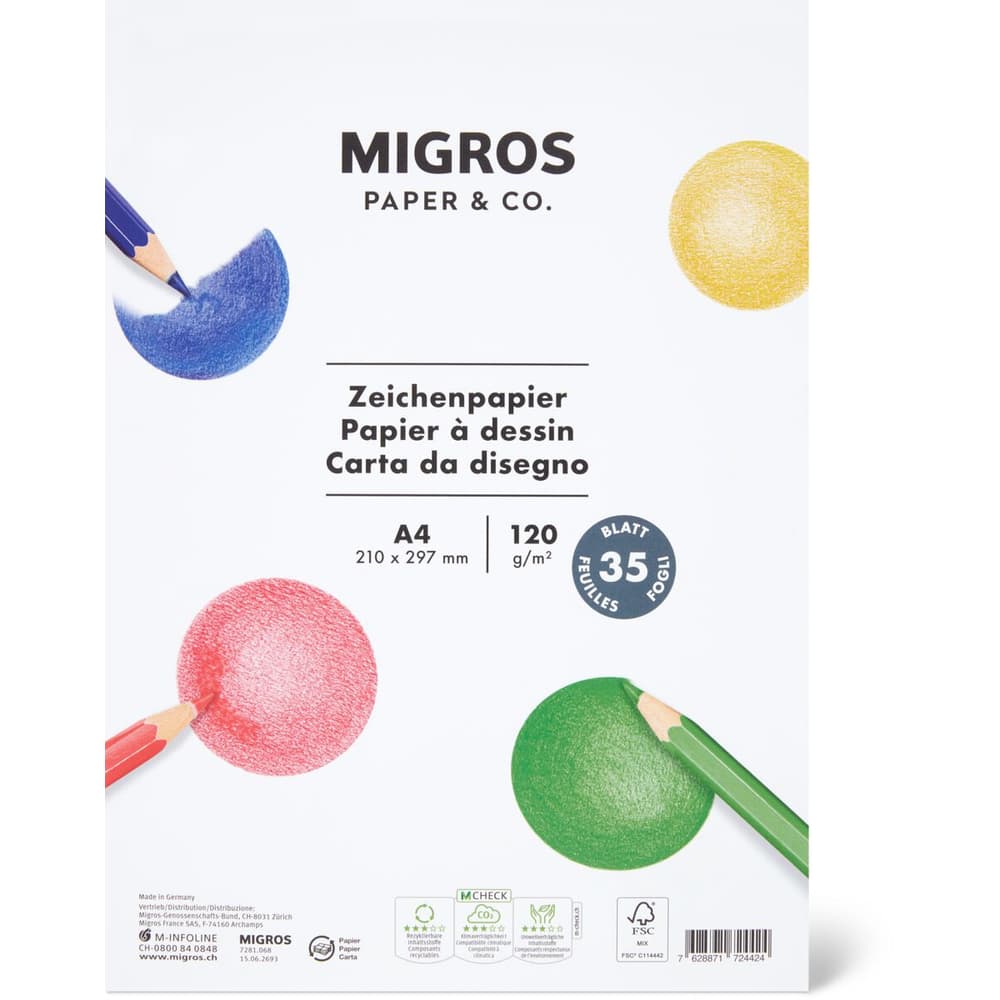 Migros Paper & Co. · Zeichenpapier · A4, 210 x 297mm, 120g/m2 • Migros