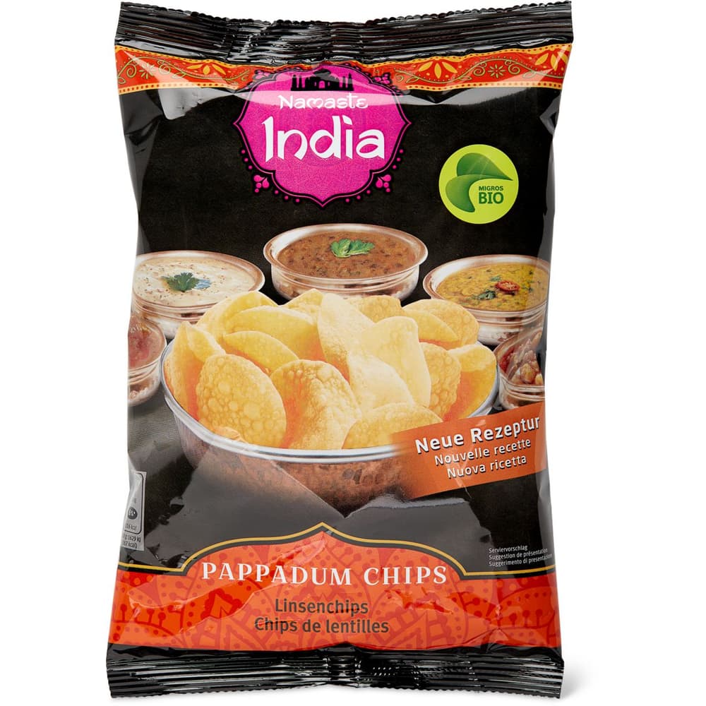 Namaste India · Lens chips · Papadum • Migros