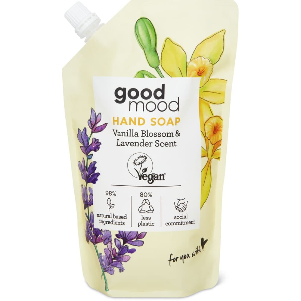 good mood · Hand wash refill · Vanilla & Lavender • Migros