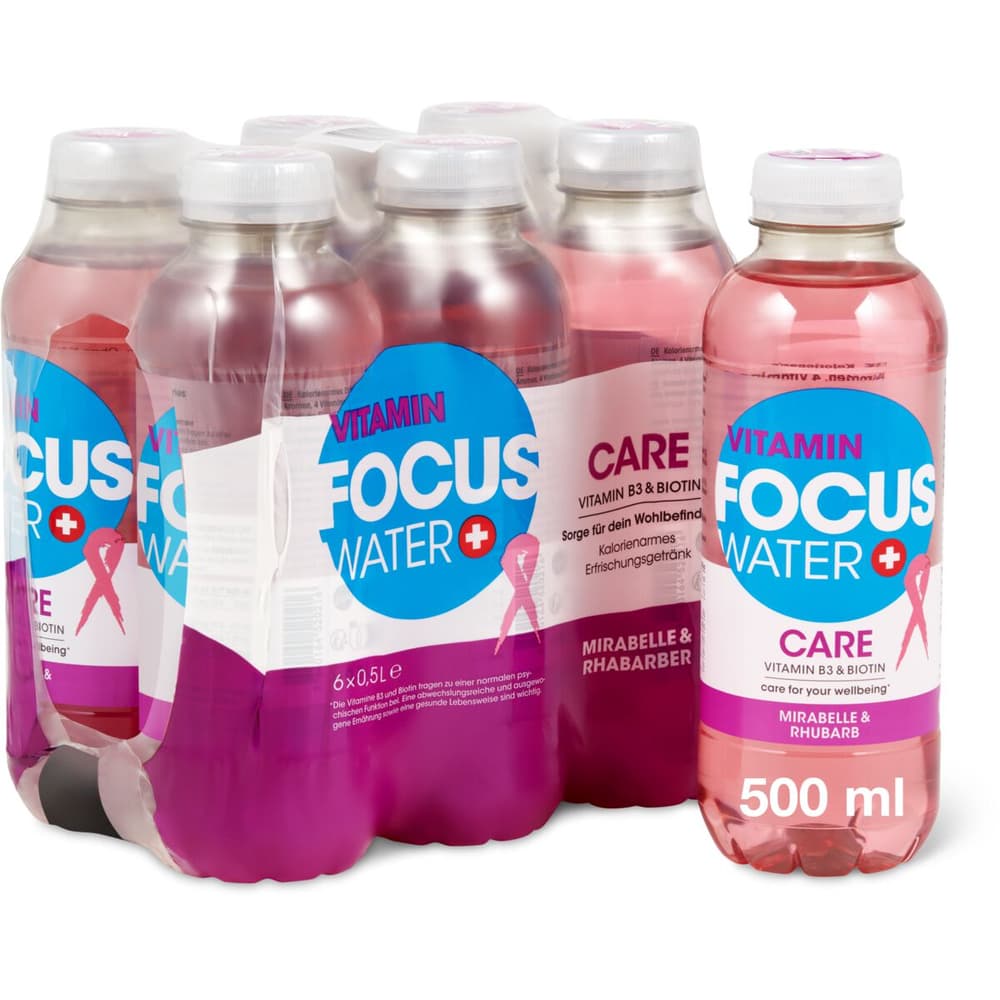 Focus Water Care · Vitamin water · mirabelle & rhubarb • Migros
