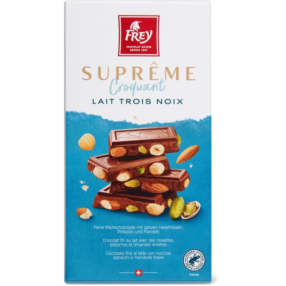 Frey Suprême · Fine cioccolato al latte con nocciole intere, pistacchi e mandorle. · Lait trois ...