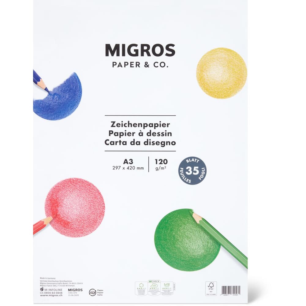 Migros Paper & Co. · Drawing paper · A3, 297 x 420mm, 120g/m2 • Migros