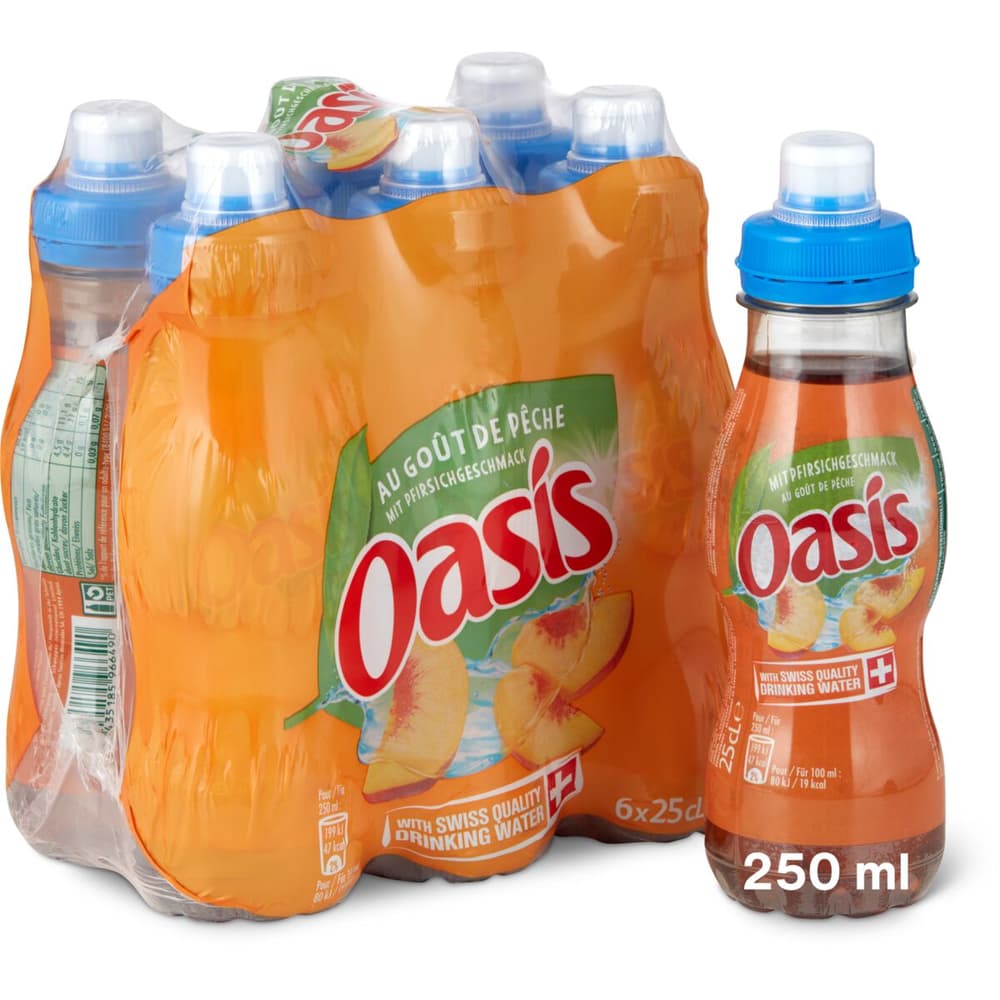 Oasis · Fruity drink · Peach • Migros