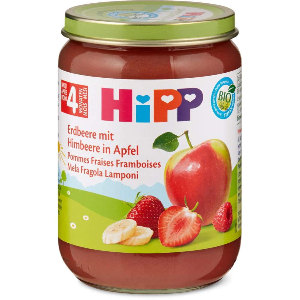 HiPP Bio · Apple, strawberry & raspberry compote · after 4 months • Migros