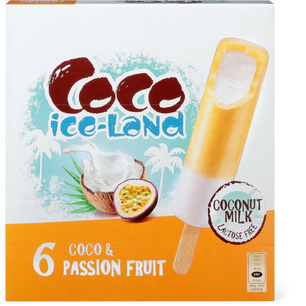 Coco ice-Land · Water- &Cocos milk glace · Coco &Passion Fruit • Migros