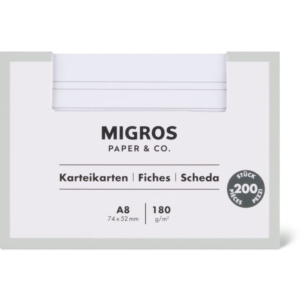 Migros Paper & Co. · Index cards A8 · 180g/m2 • Migros