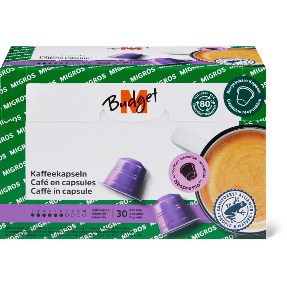 M-Budget · Kaffee-Kapseln aus Aluminium · Intensität 6/10 • Migros
