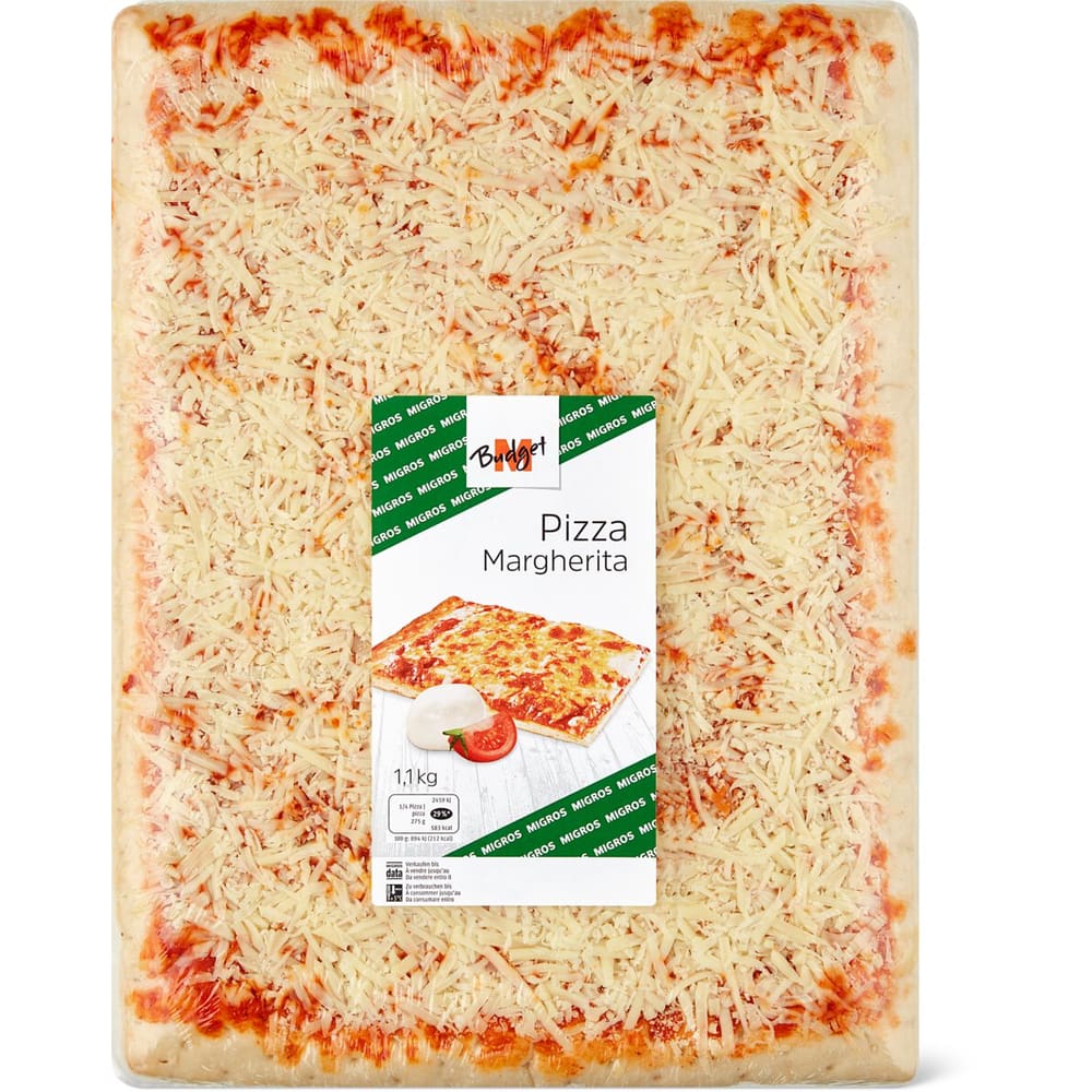 M-Budget · Pizza with tomato sauce and mozzarella · Margherita • Migros