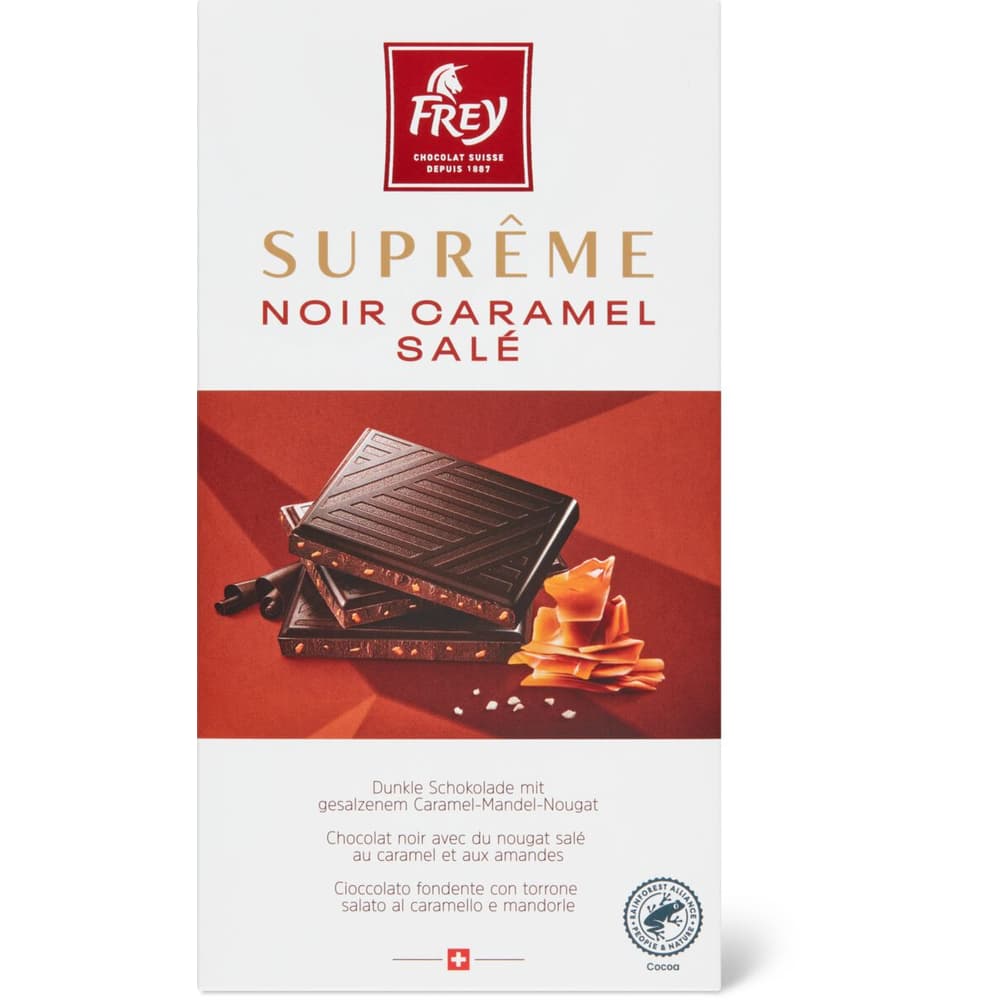 Frey Suprême · Chocolate bars · Dark caramel-almond nougat • Migros