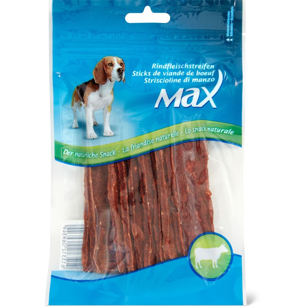 Max · Snacks for dogs · Beef strips • Migros