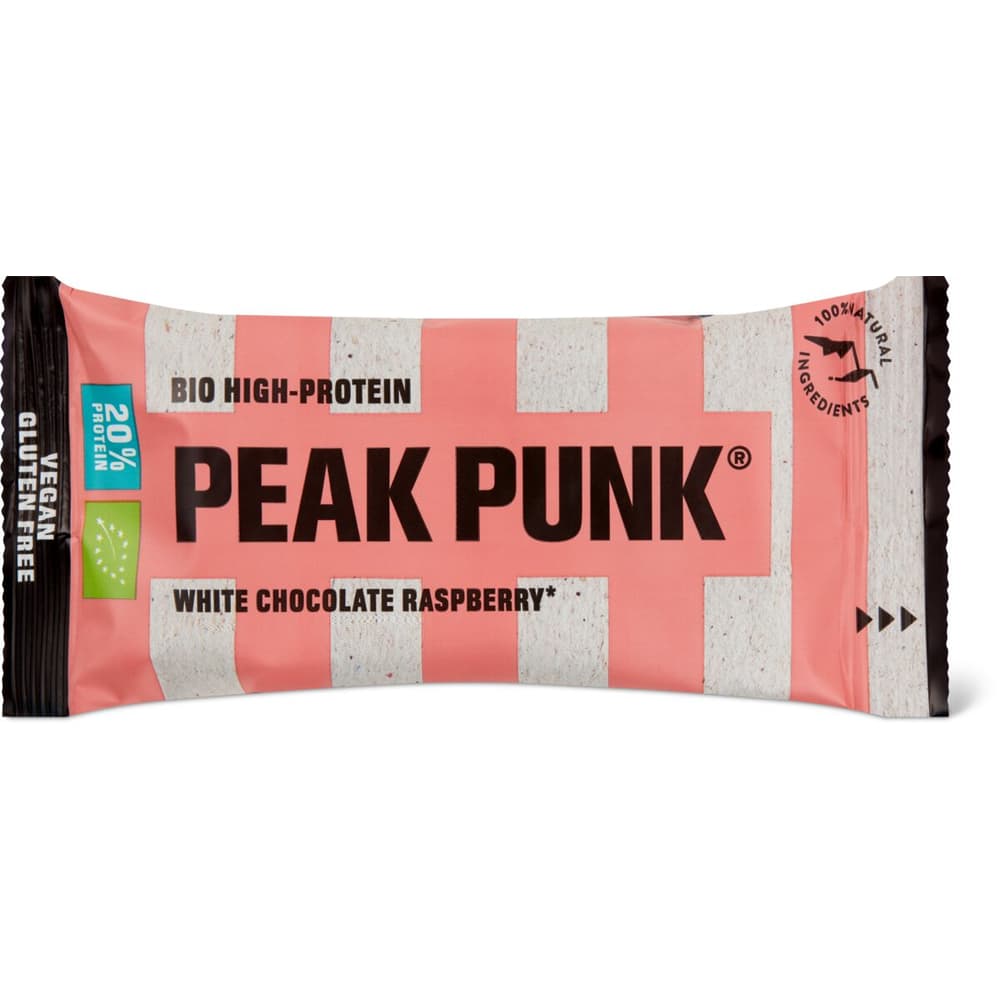 Peak Punk · Organic protein bar · raspberry white crisp • Migros