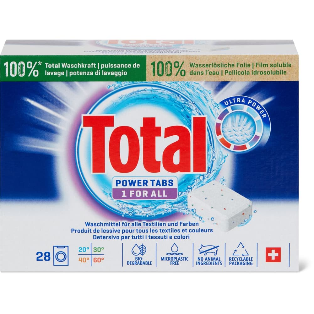 Total Power Tabs 1 for all · Waschmittel Tabs · 28 Waschgänge • Migros