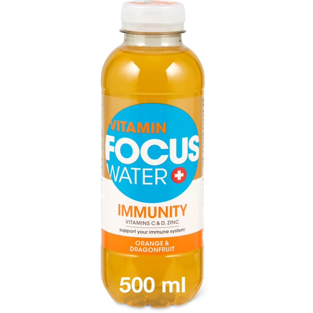 Focus Water Immunity · Vitamin Wasser · Orange & Drachenfrucht • Migros