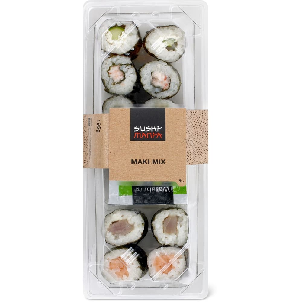 Sushi Mania · Sushi - Maki Mix · mit Ingwer, Wasabi und Soja Sauce • Migros Online