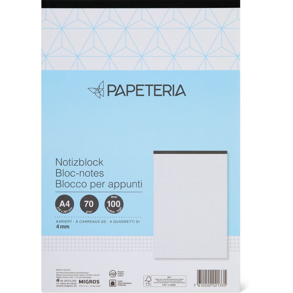Papeteria · Notepad A4, 4mm checkered · 70 m2 • Migros Online