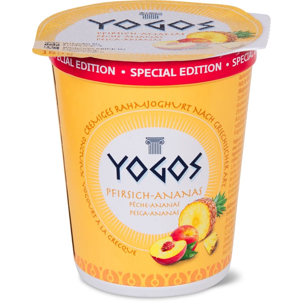 Yogos · Greek style cream yogurt · Peach-Pineapple • Migros