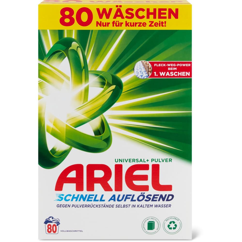 Ariel Universal + · Lessive en poudre · 80 lessives • Migros