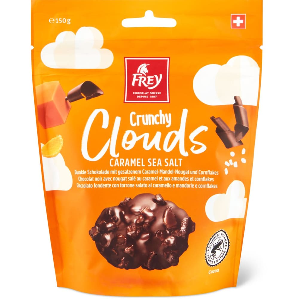 Frey Crunchy Clouds · Dark chocolate with salted caramel-almond nougat ...
