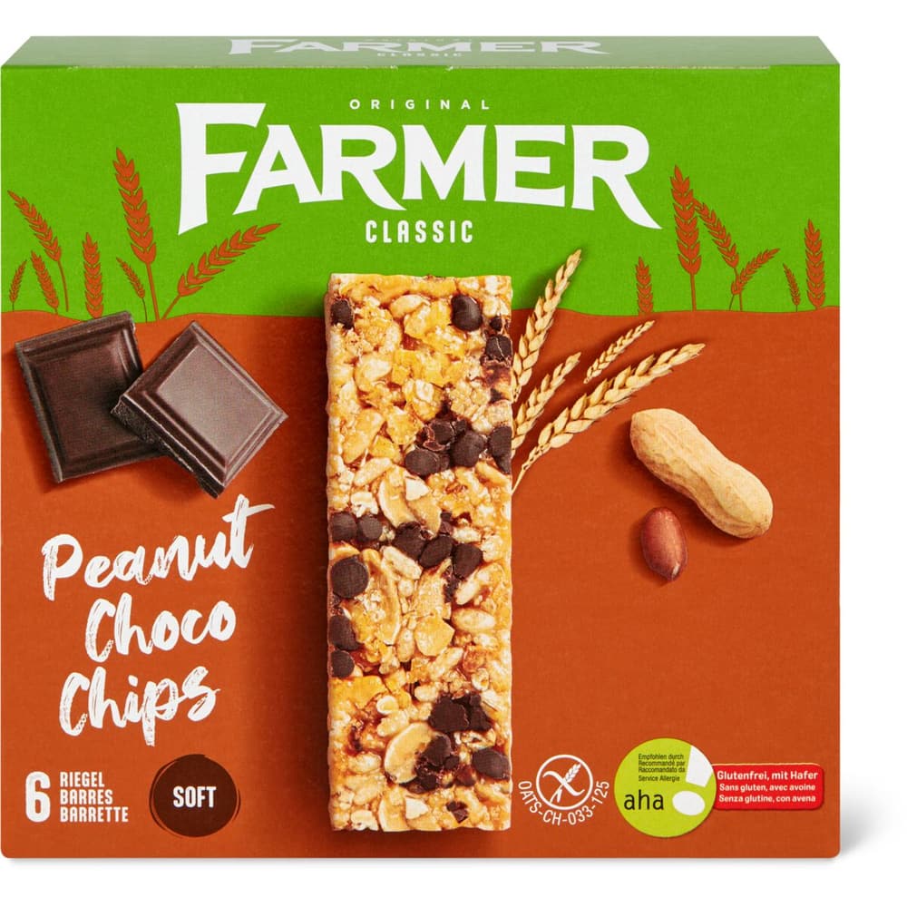 Farmer aha! · Cereal bars · peanut choco chips • Migros