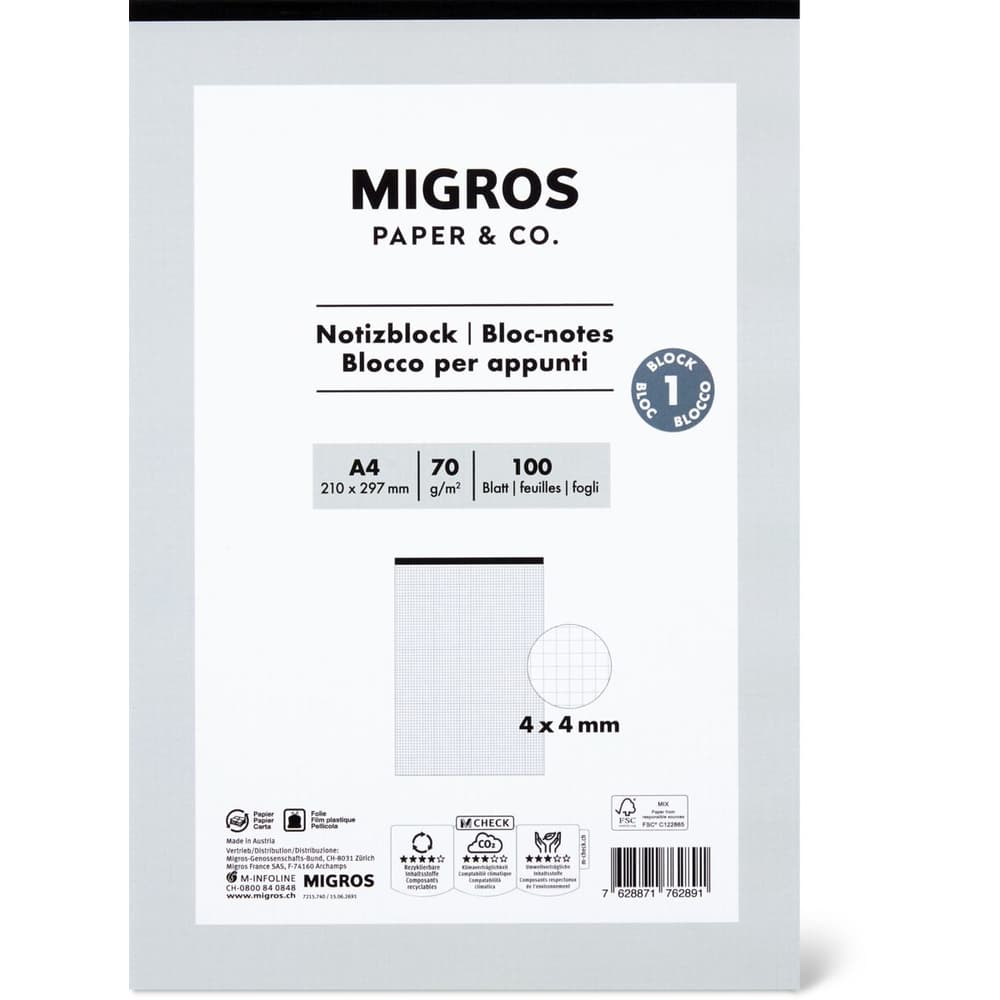 Migros Paper & Co. · Blocchi per appunti A4 · a quadretti da 4 mm, 100 fogli, 70g/m2 • Migros