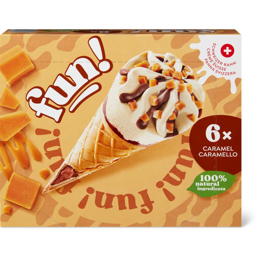 Fun · Ice cream cones · Caramel • Migros