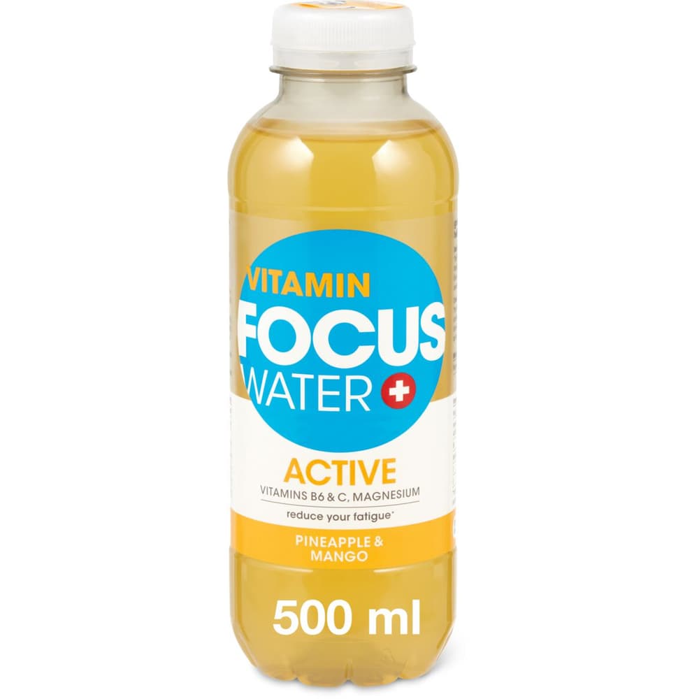 Focus Water Active · Vitamin water · pineapple & mango • Migros