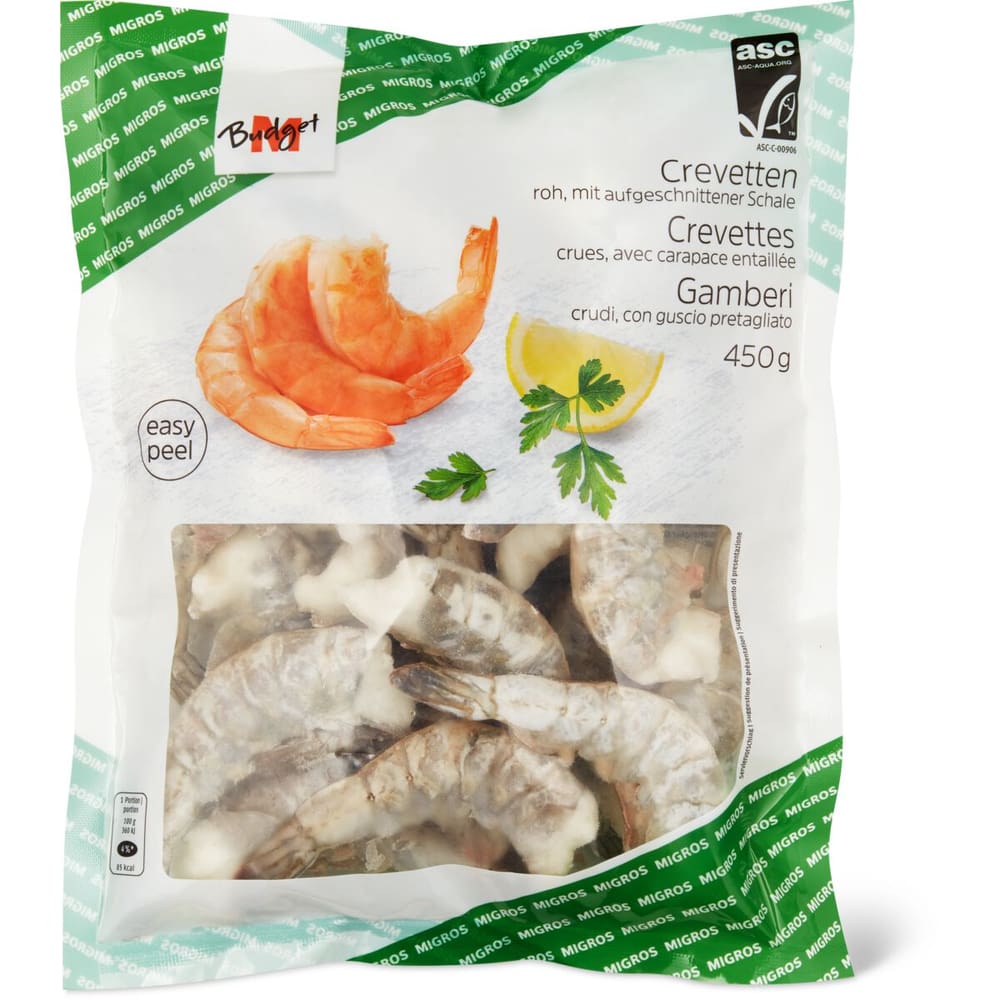 M-Budget ASC · Shrimps · raw, with notched shell • Migros