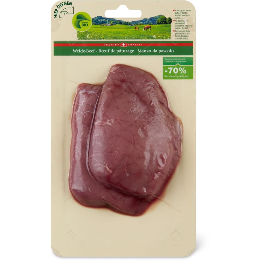 Kaufen Bio · Rindsplätzli à la minute · Weide Beef • Migros