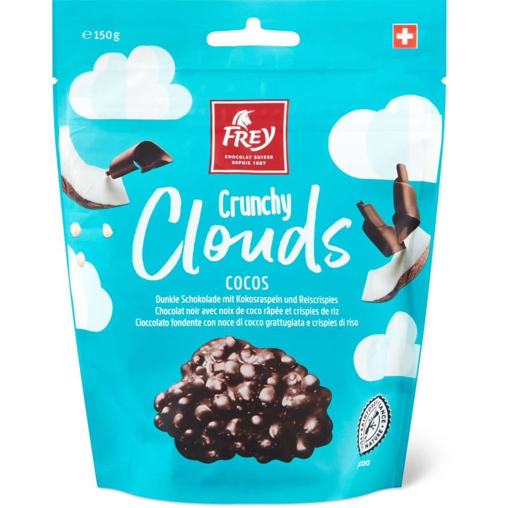 Frey Crunchy Clouds · Cioccolato fondente con scagliette di cocco e rice crispies • Migros